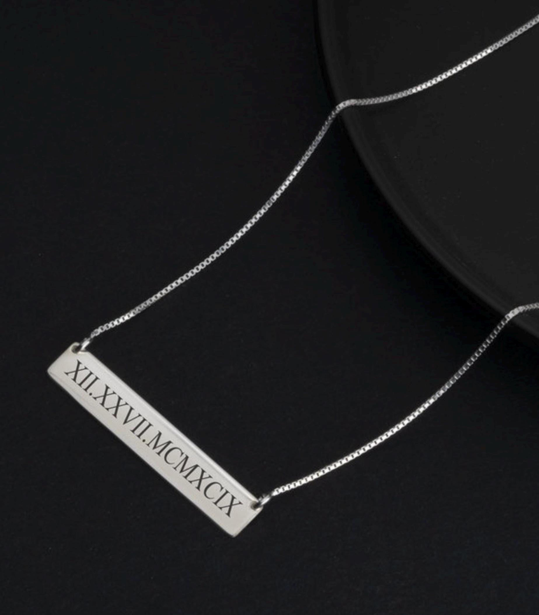 Roman Numerals Necklace, Sterling Silver Bar Necklace, Custom Engraved ...