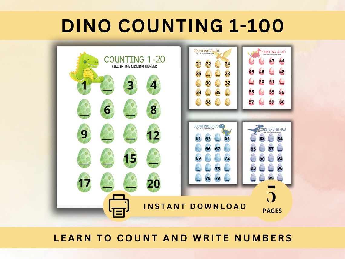 Dinosaur Counting Worksheet | Preschool Printable Numbers 1-100 ...