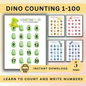 Dinosaur Counting Worksheet | Preschool Printable Numbers 1-100 ...
