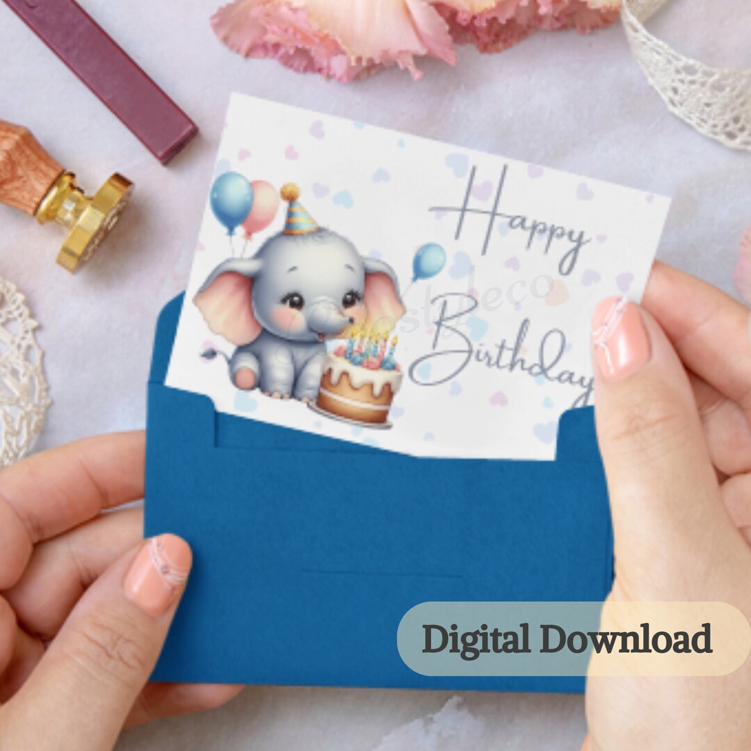 Adorable Elephant Birthday Card, Instant Download, Printable Cute ...