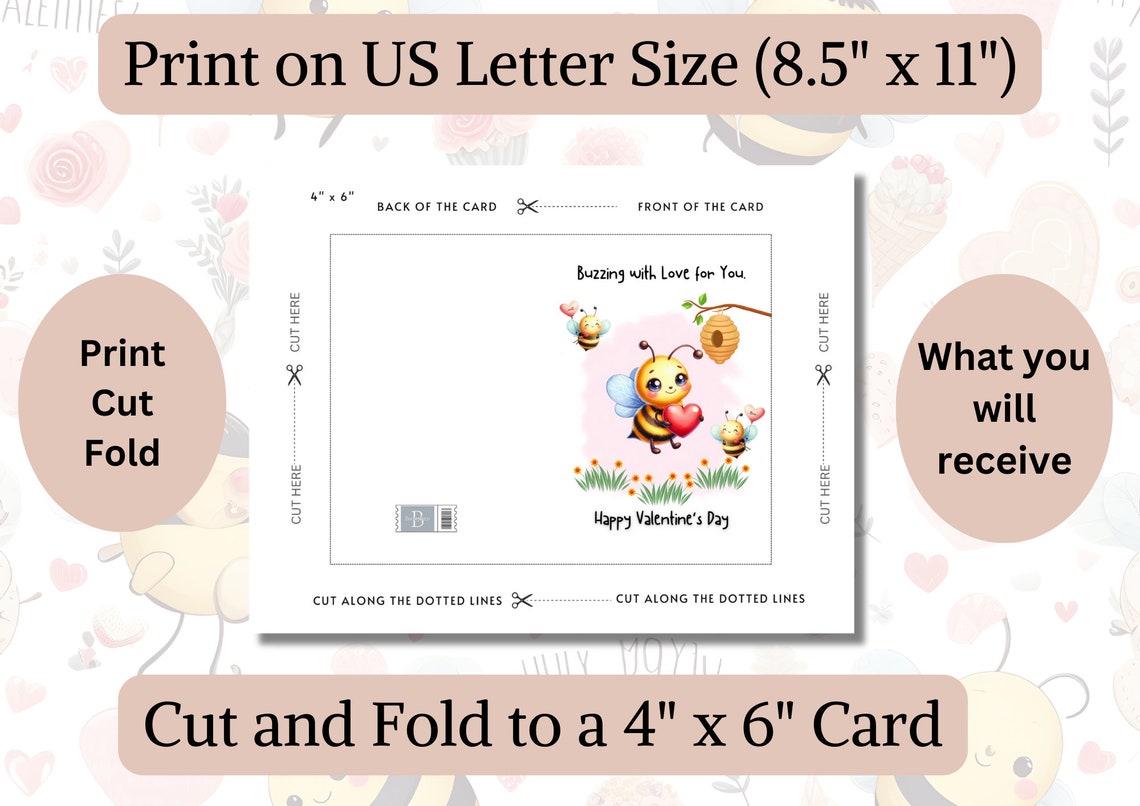 Bee Themed Valentine's Day Card - Set of 10 Cards in 2 Sizes & 3 ...