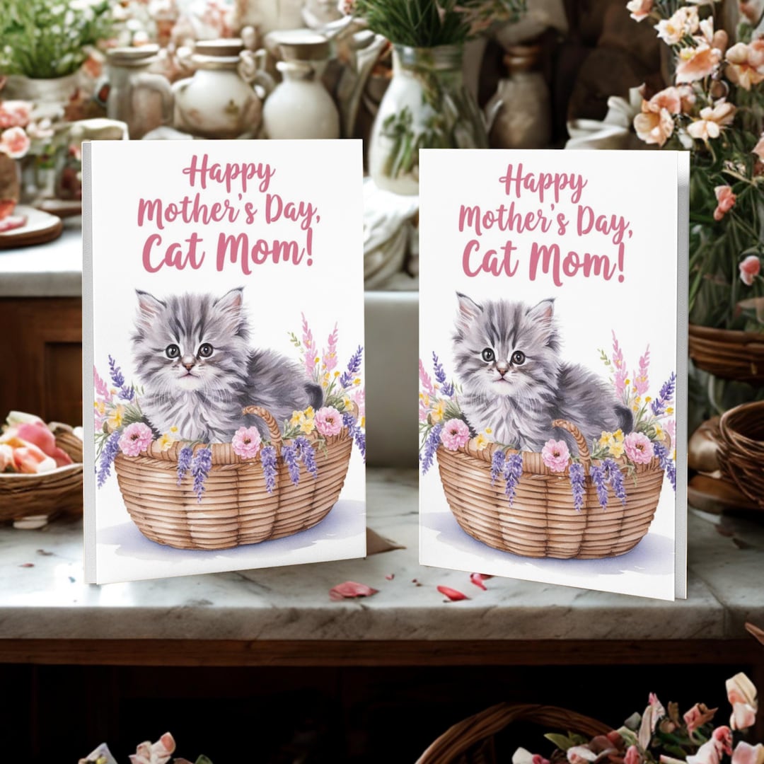 Printable Mother's Day Card for Cat Mom, Cute Kitten in Basket, Instant ...