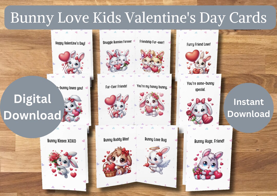 Bunny Love Kids Valentine's Day Cards - Printable DIY Cards in 12 ...