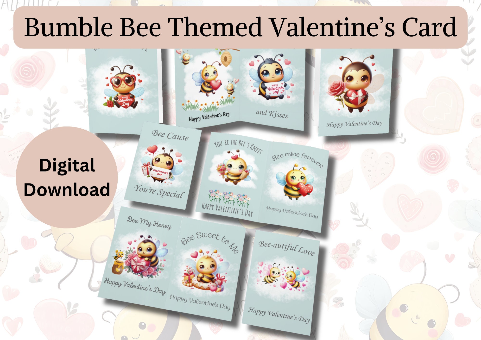 Bee Themed Valentine's Day Card - Set of 10 Cards in 2 Sizes & 3 ...