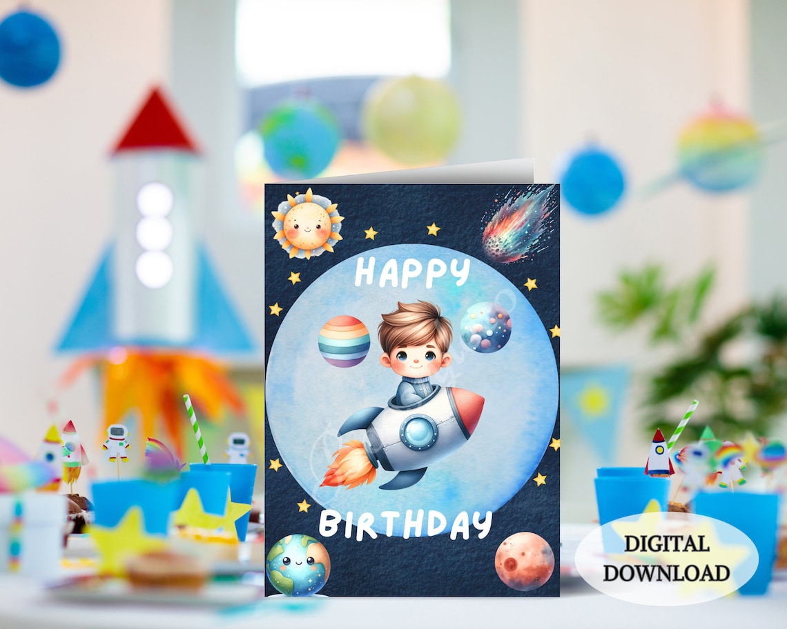 Space Birthday Card, Printable Birthday Card, Instant Download, Outer ...
