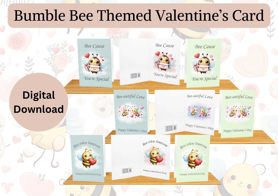 Bee Themed Valentine's Day Card - Set of 10 Cards in 2 Sizes & 3 ...