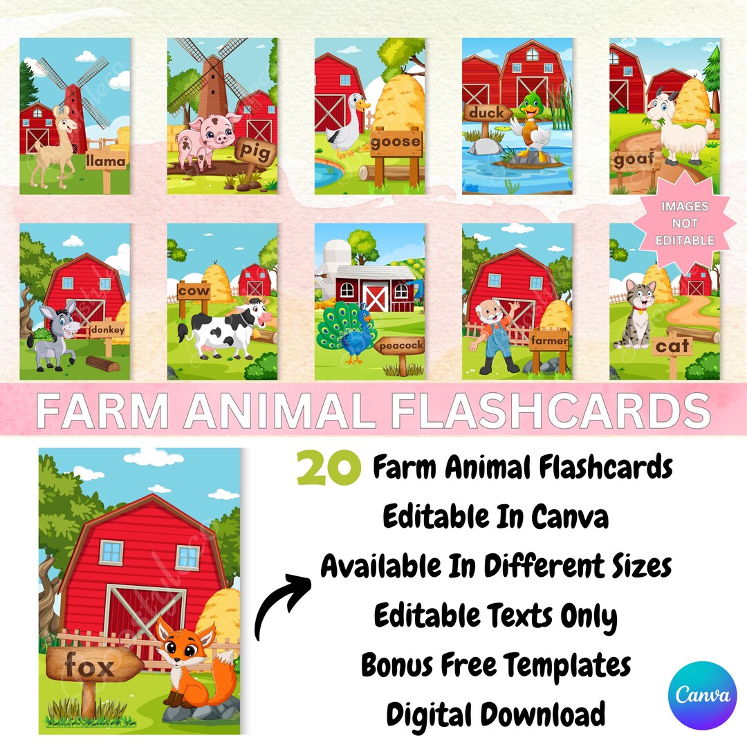 Farm-themed Kids Flashcards, Farm Animal Flashcards, Canva Templates ...