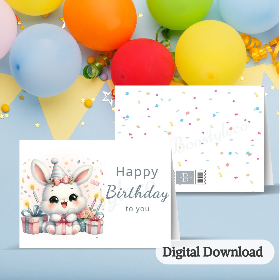 Bunny Birthday Card, Printable Greeting Card, Instant Download, Bunny ...