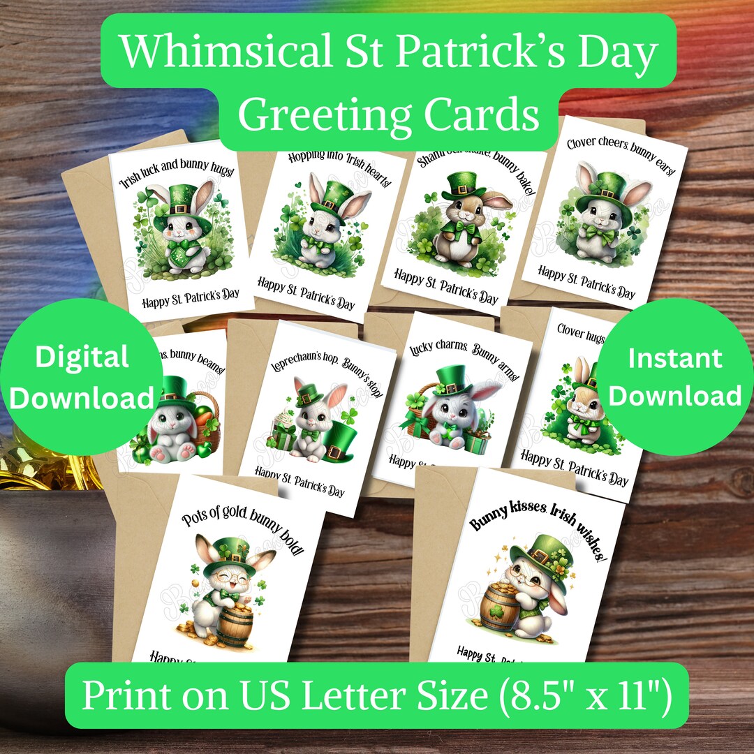 Whimsical St. Patrick's Day Bunny Greeting Cards, Digital Download ...