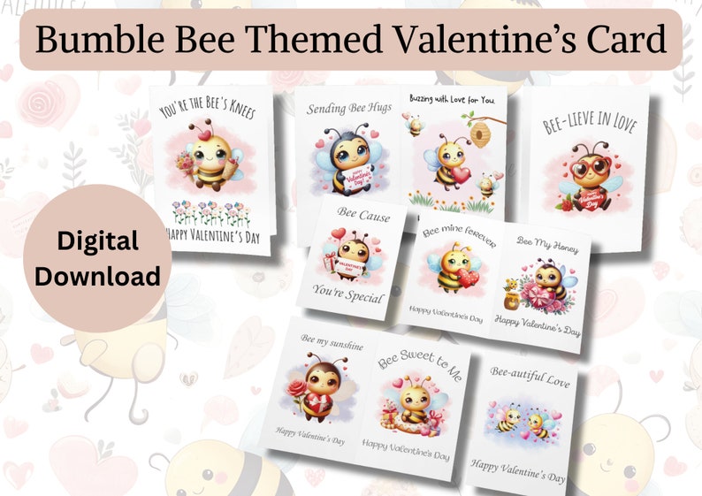 Bee Themed Valentine's Day Card - Set of 10 Cards in 2 Sizes & 3 ...