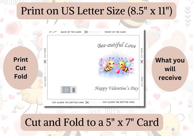 Bee Themed Valentine's Day Card - Set of 10 Cards in 2 Sizes & 3 ...