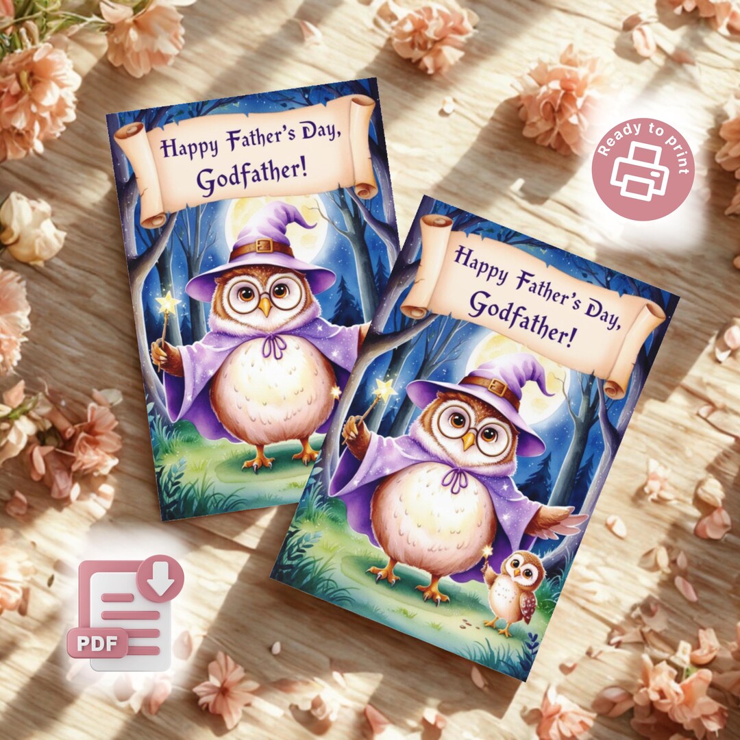 Printable Fathers Day Card for Godfather Cute Wizard Owl Design Magical ...