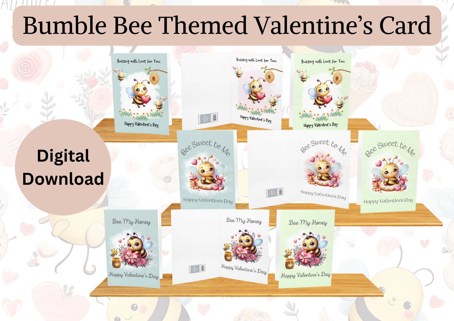 Bee Themed Valentine's Day Card - Set of 10 Cards in 2 Sizes & 3 ...