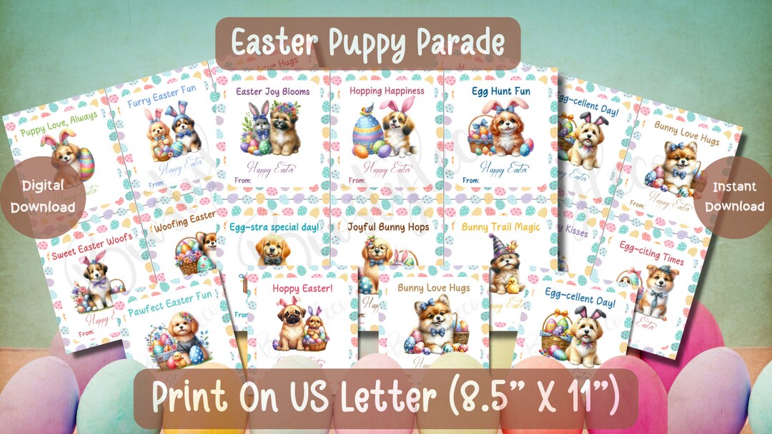Easter Puppy Parade, Printable Cards for Kids, Set of 18 Kids Card ...