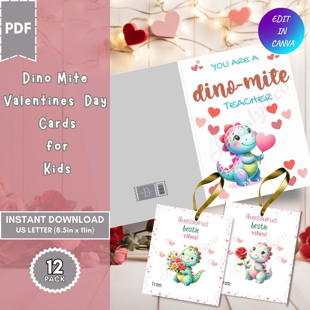 Editable Dino-mite Valentine’s Day Printable Cards Cute Dinosaur ...