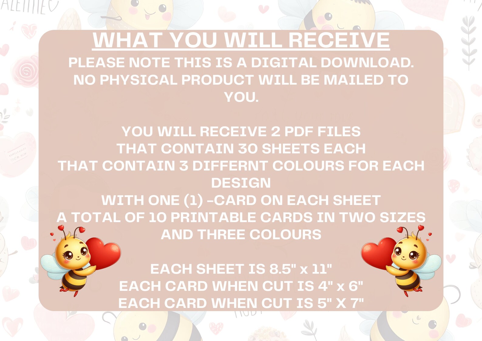 Bee Themed Valentine's Day Card - Set of 10 Cards in 2 Sizes & 3 ...