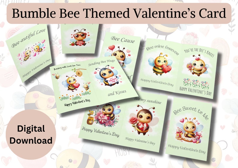 Bee Themed Valentine's Day Card - Set of 10 Cards in 2 Sizes & 3 ...