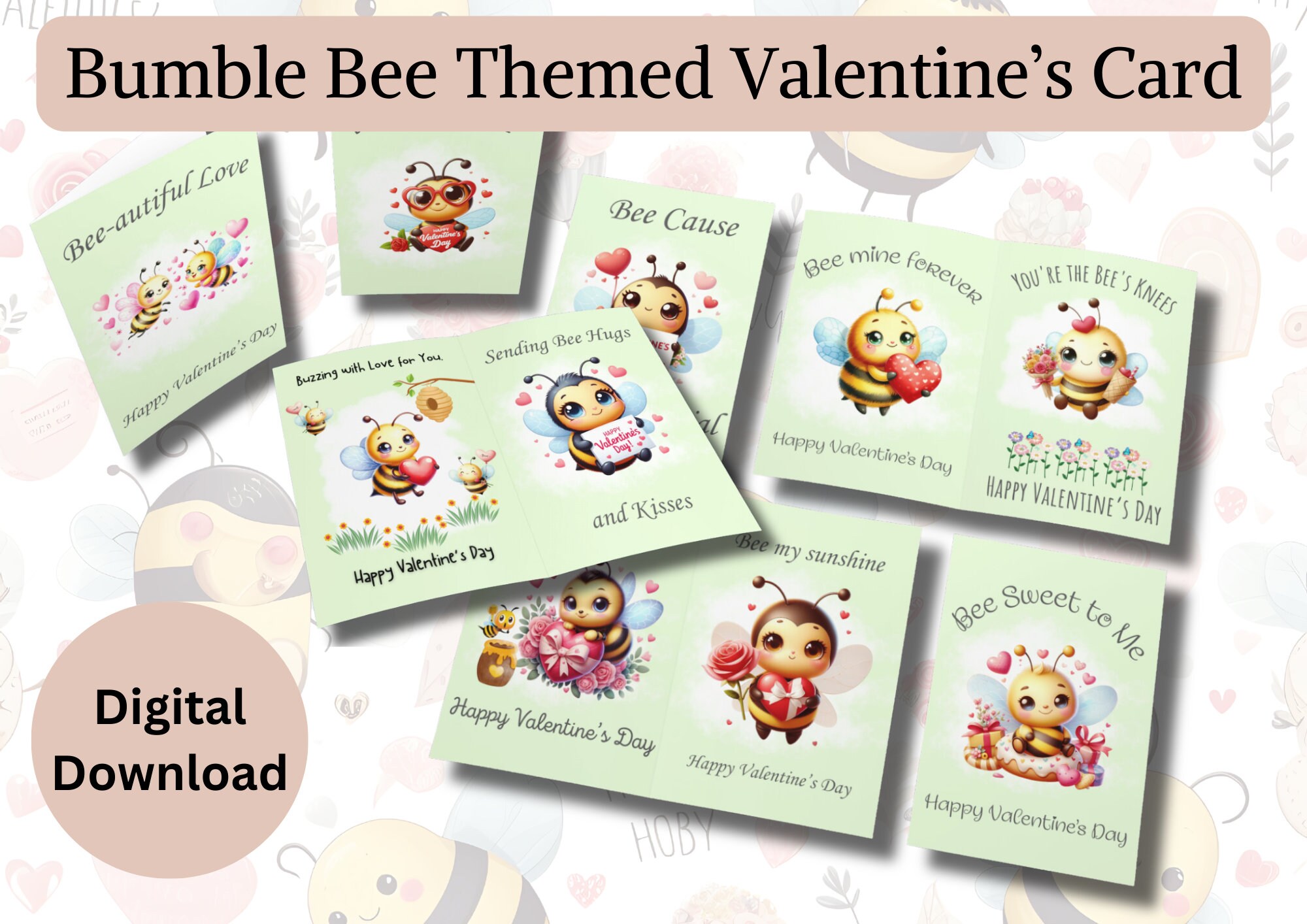 Bee Themed Valentine's Day Card - Set of 10 Cards in 2 Sizes & 3 ...