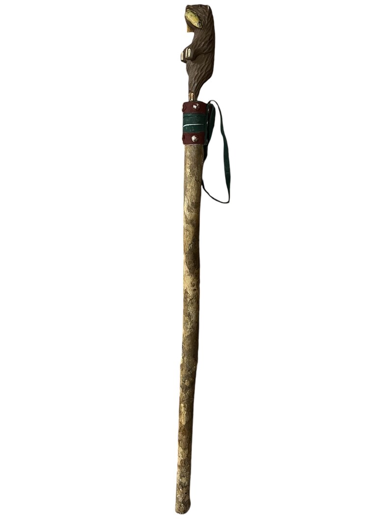 Wooden Walking Stick Bear With Fish in Mouth 3 Feet Long Wrist Strap ...