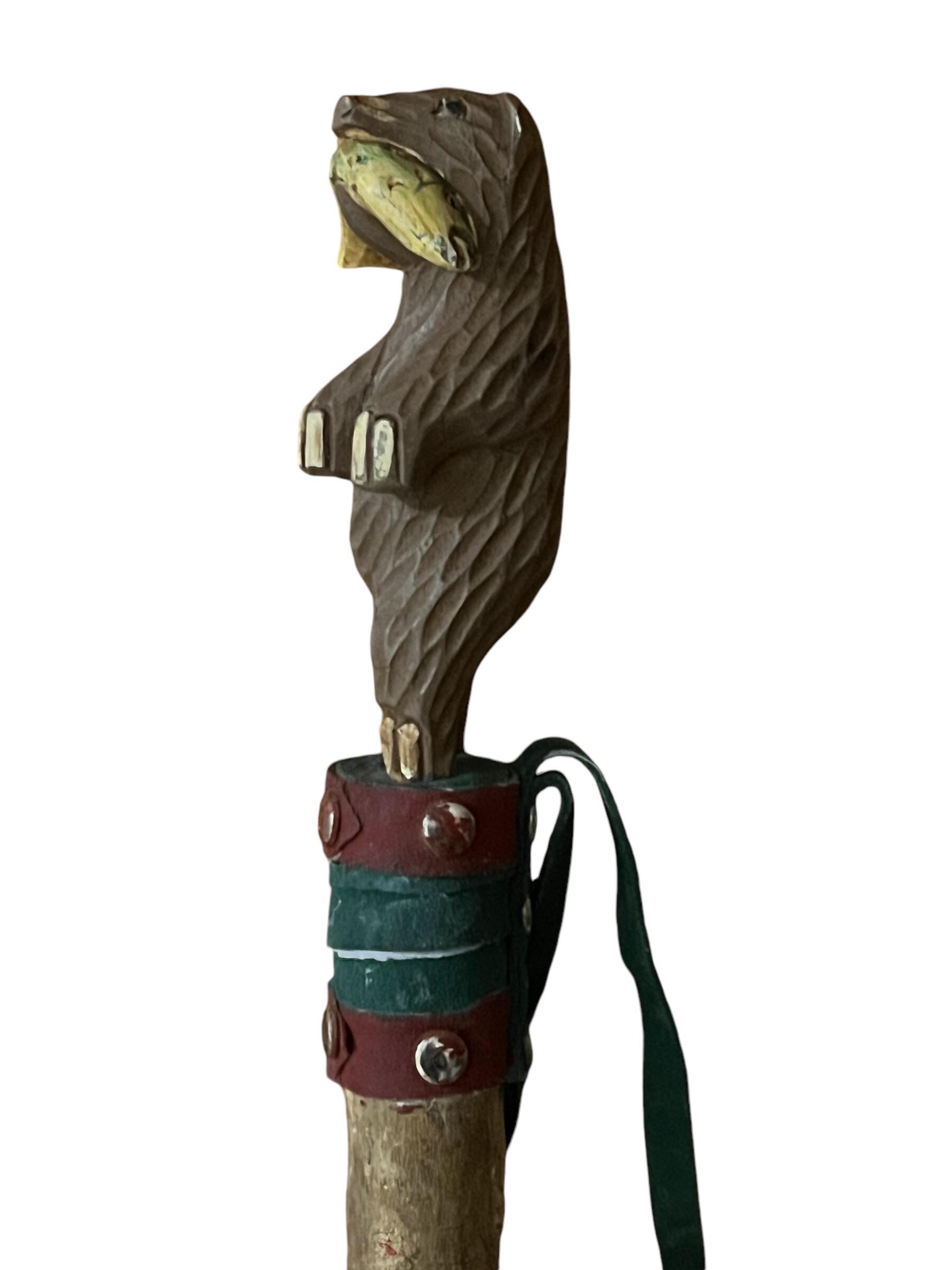 Wooden Walking Stick Bear With Fish in Mouth 3 Feet Long Wrist Strap ...