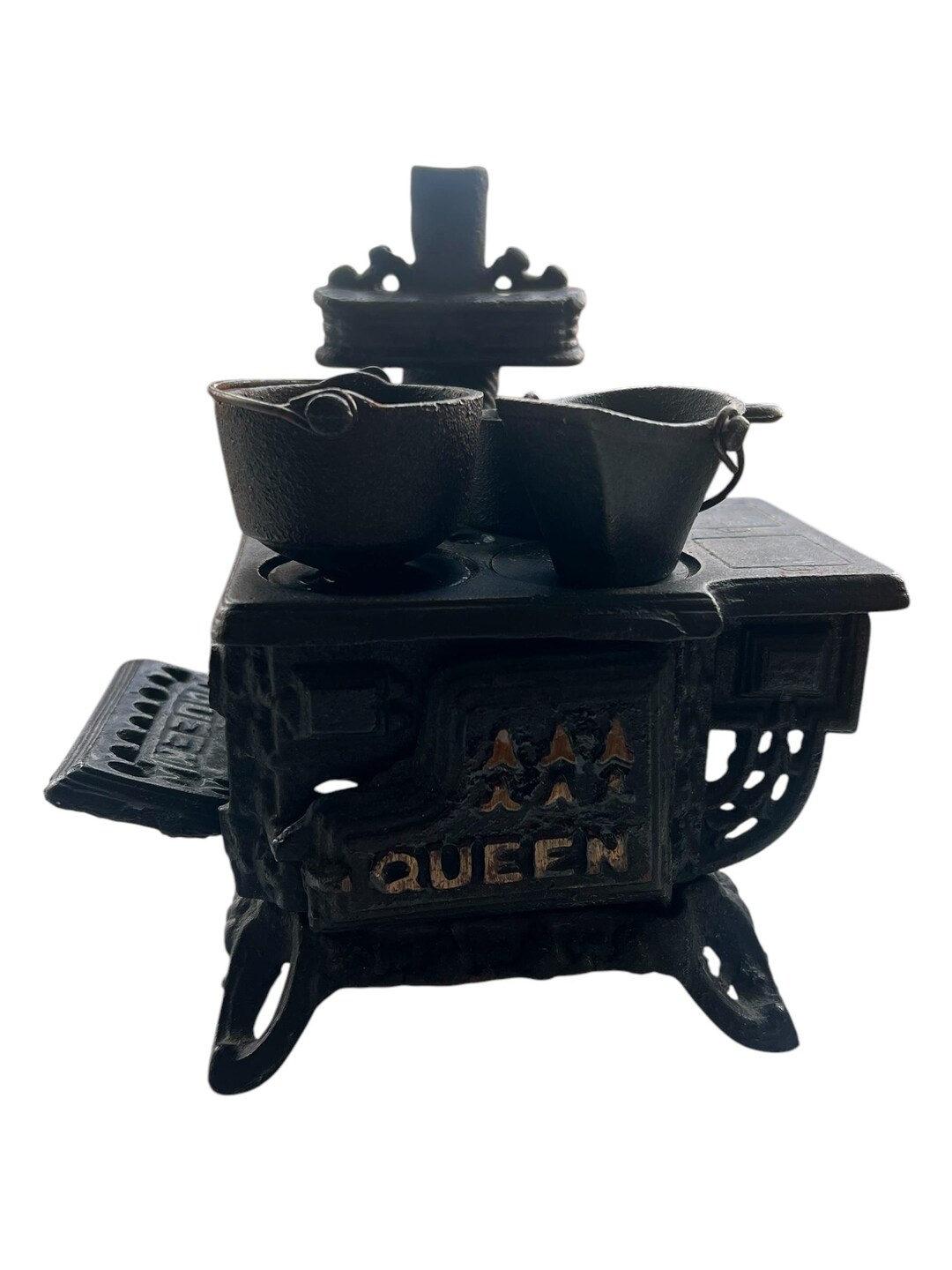 Vintage Queen Cast Iron Stove Miniature Wood Burning Stove Pots Pans ...