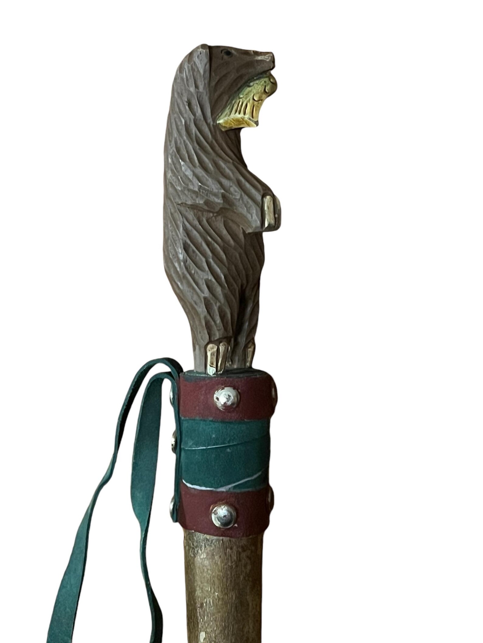 Wooden Walking Stick Bear With Fish in Mouth 3 Feet Long Wrist Strap ...