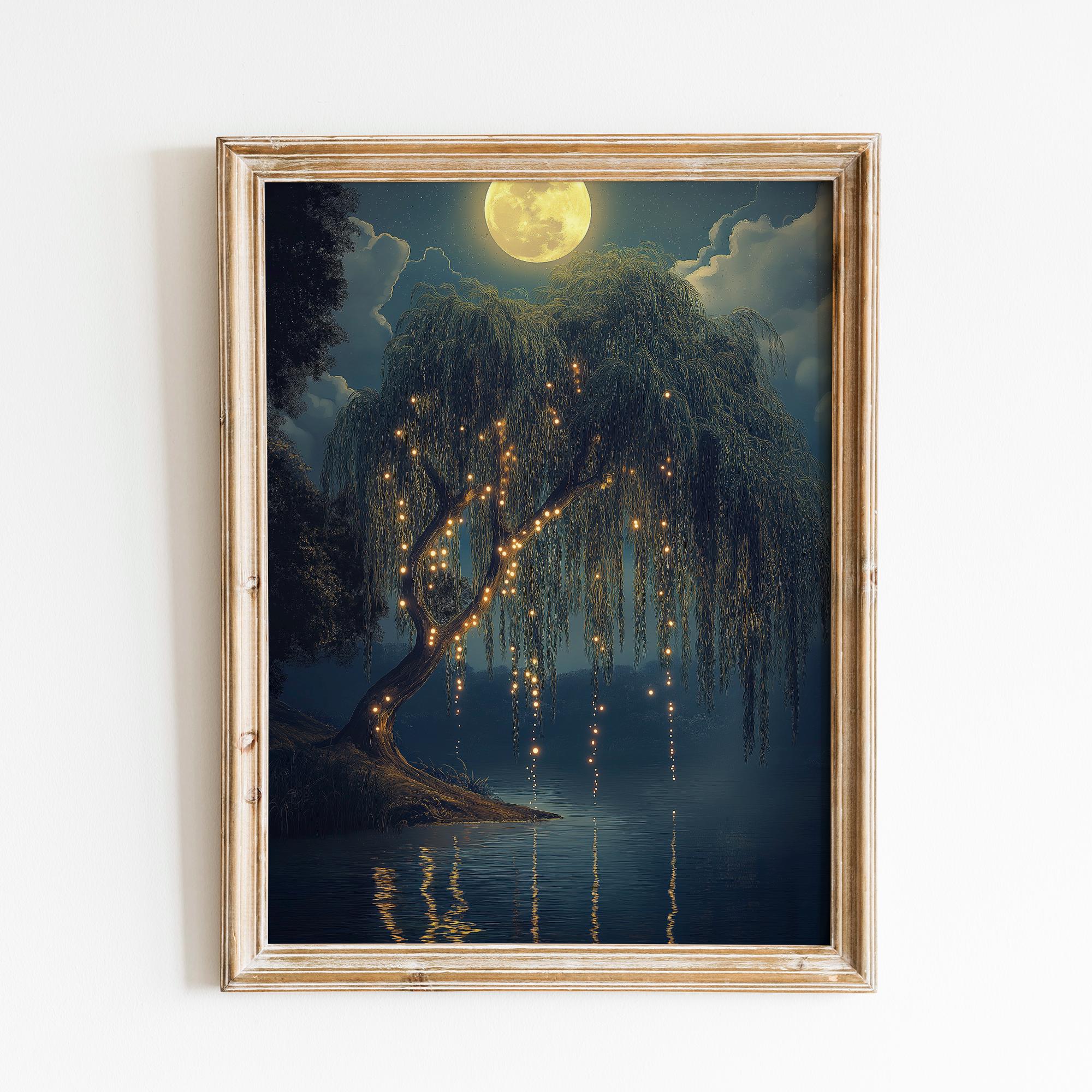 Full Moon and Willow Tree,celestial,moon Art,golden Night,night Art ...
