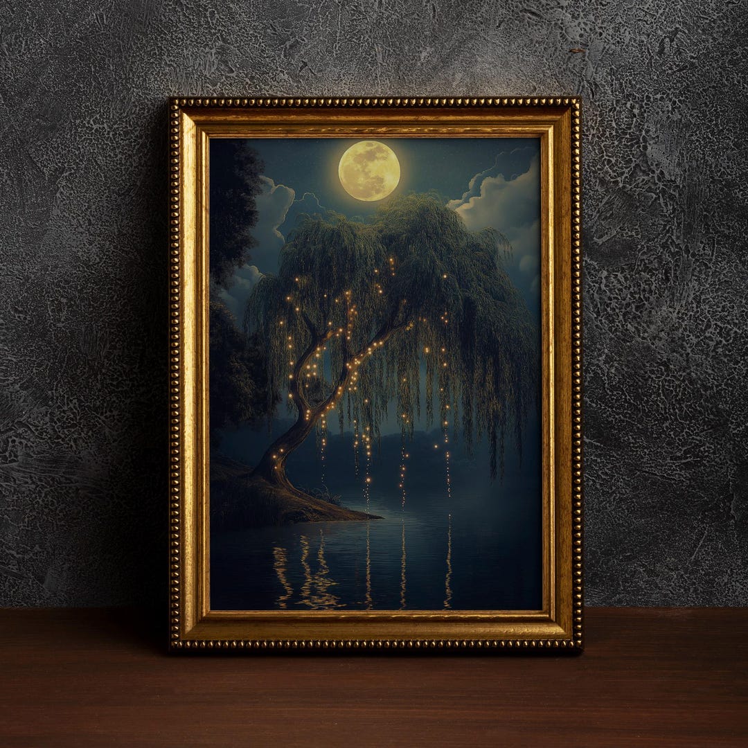 Full Moon and Willow Tree,celestial,moon Art,golden Night,night Art ...