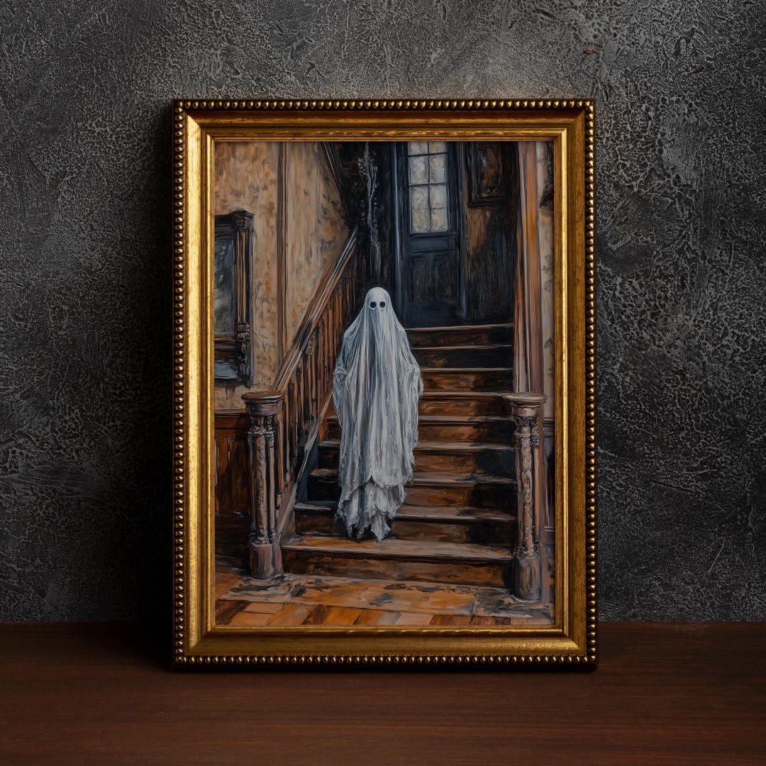 Ghost on the Stairs,halloween Wall Art, Gothic Ghost Print ,oil Paint ...
