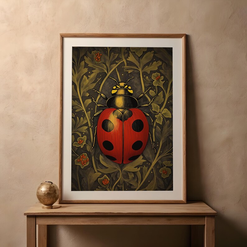 William Morris Inspired Ladybug Oil Painting,dark Academia Wall Art ...