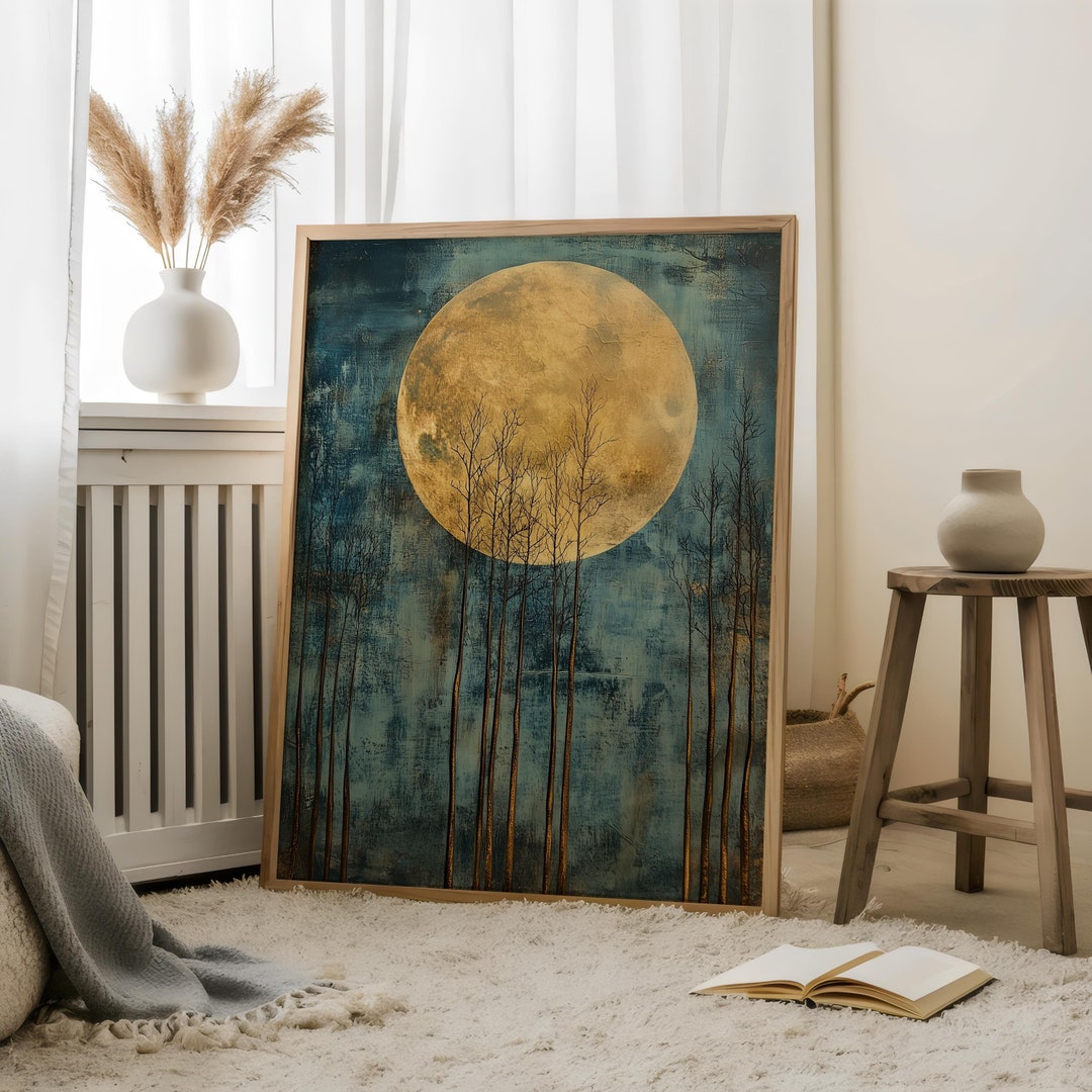 Oil Paint Full Moon Through the Trees,celestial Moon Print,gloomy Moody ...