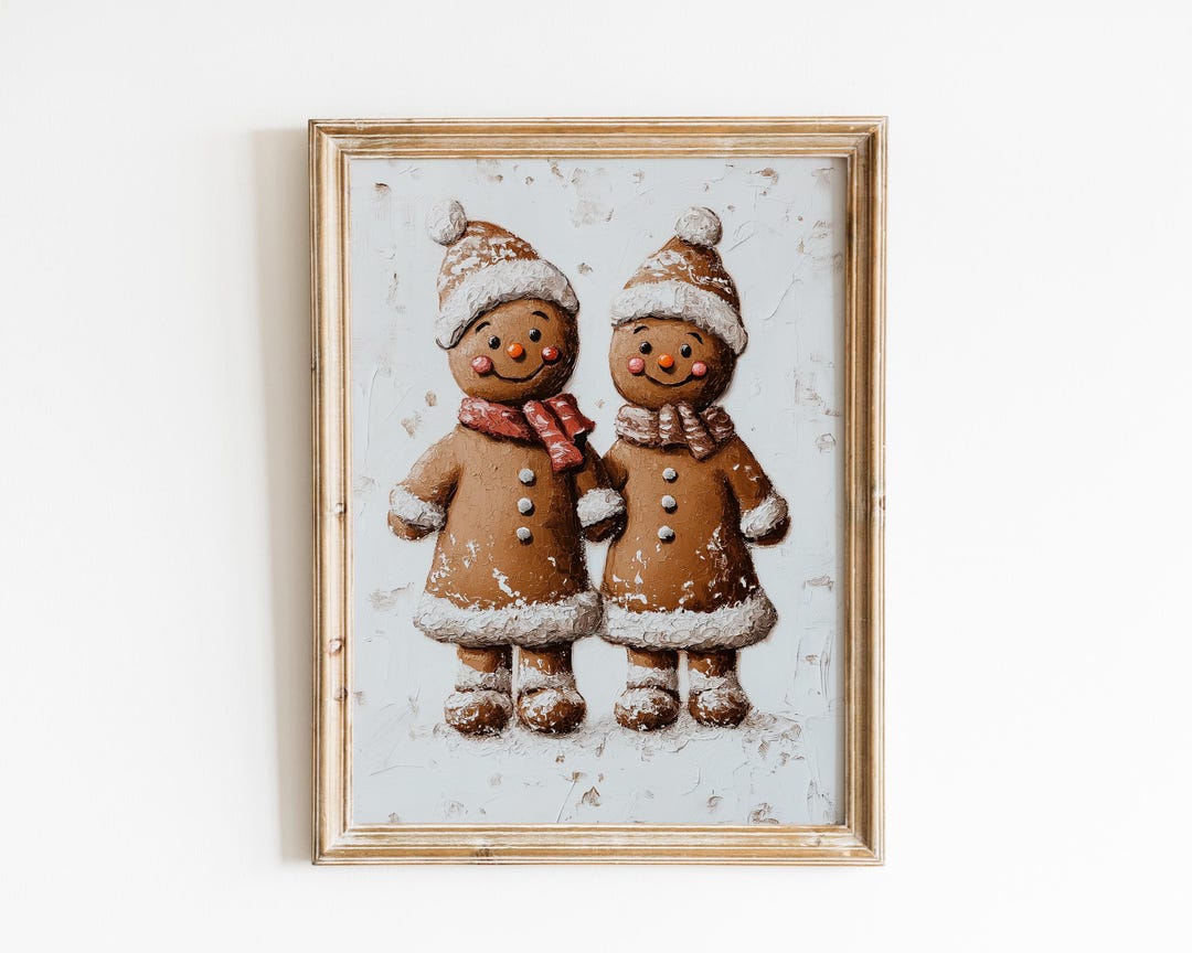 Vintage Oil Painting Gingerbread Couple Christmas Art, Rustic ...