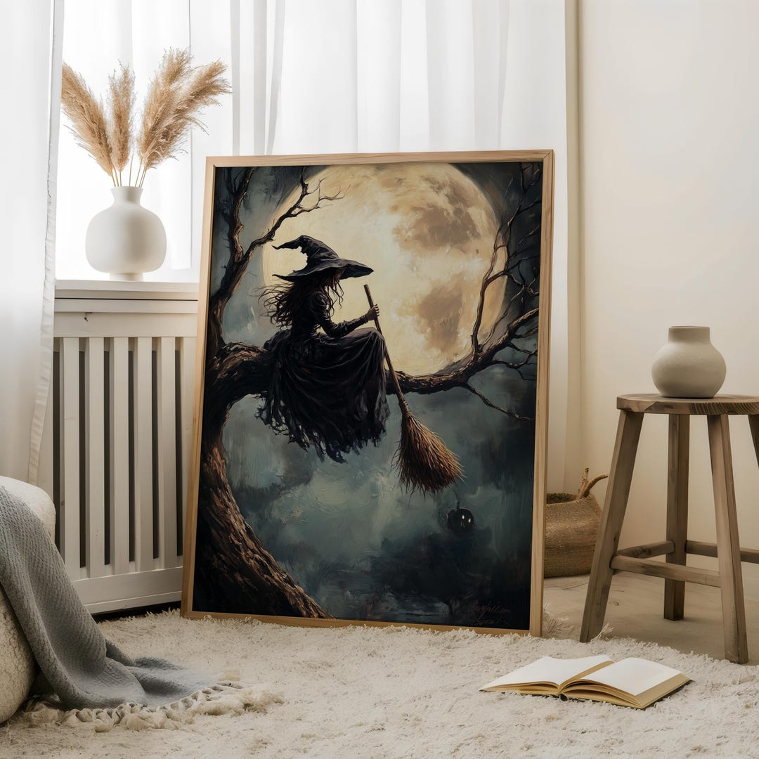 Witch in Front of a Full Moon Witch Portrait,autumn Witch Art,mystical ...