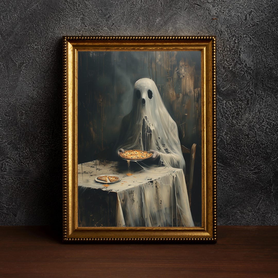 Ghost Eating Pizza,oil Paint Halloween Wall Art ,oil Paint Spooky Decor ...