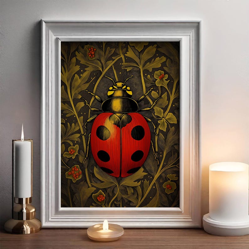 William Morris Inspired Ladybug Oil Painting,dark Academia Wall Art ...