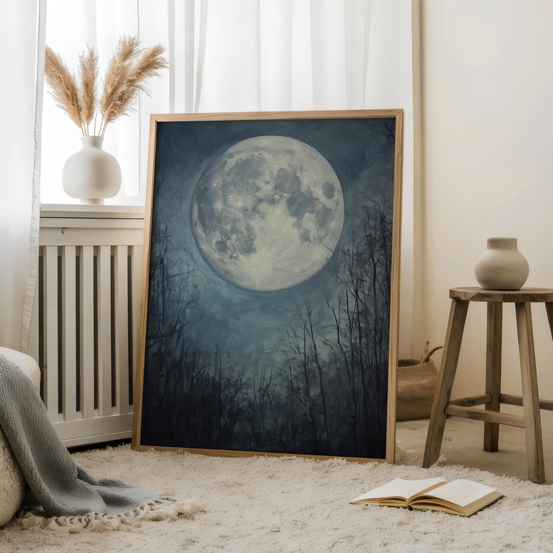 Oil Paint Full Moon Through the Trees,celestial Moon Print,gloomy Moody ...