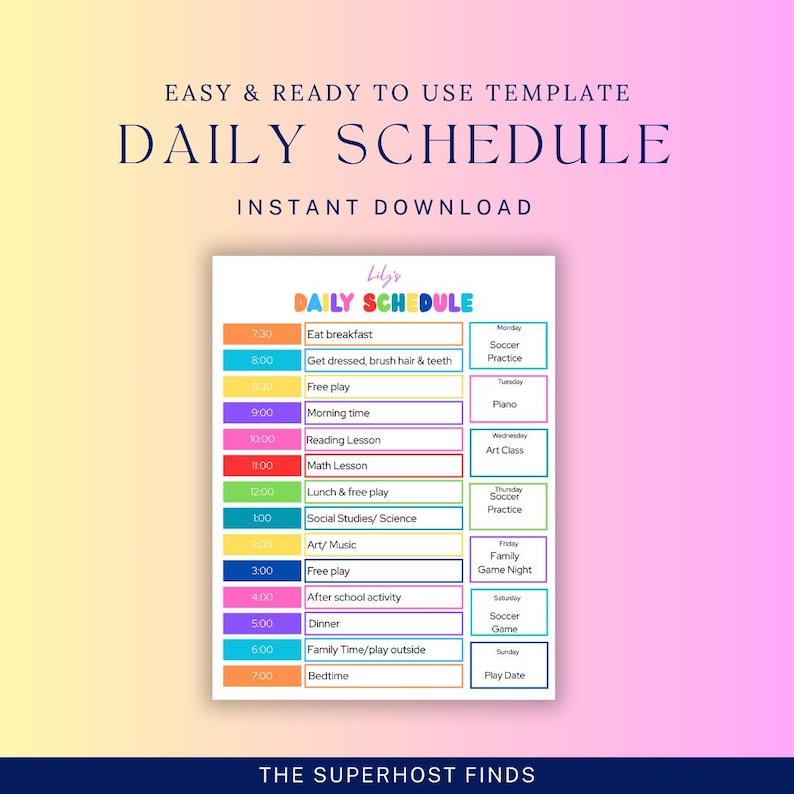 Editable Kids Daily Schedule- Instant Download- Printable Chart for ...