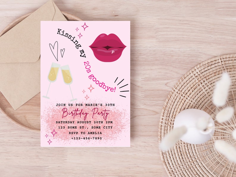 Kissing My 20s Goodbye Invite, 30th Birthday Invite, Pink Women ...