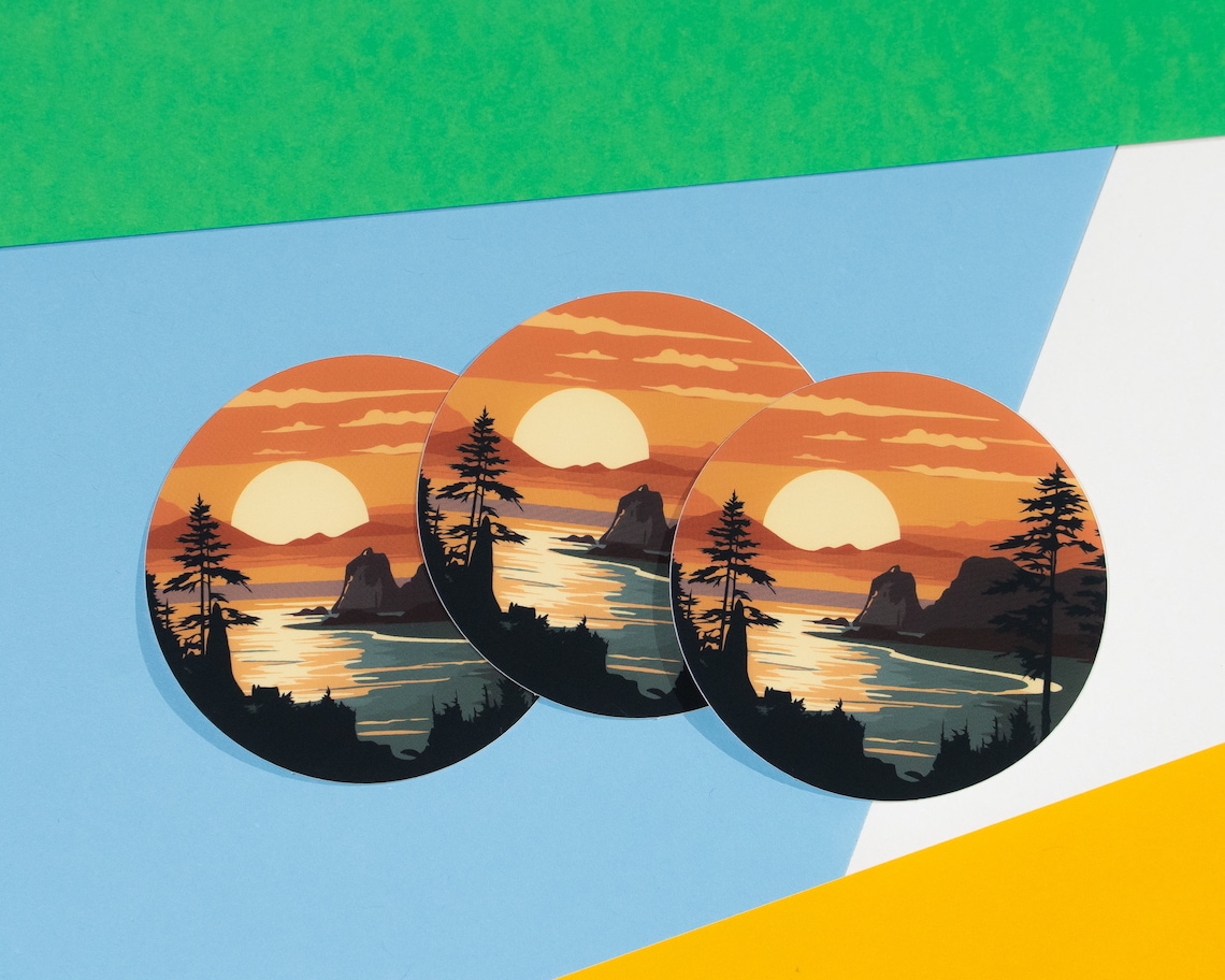 PNW Coast Sunset Sticker Vinyl Decal of Rocky Beach in Washington ...