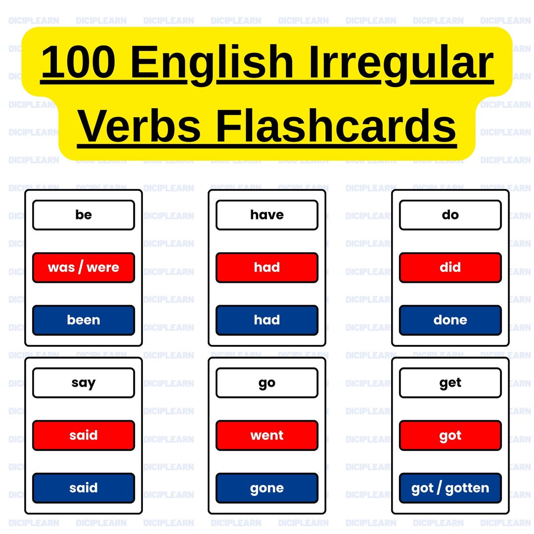 100 Irregular Verbs Flashcards: ESL Learning (printable PDF) - Etsy
