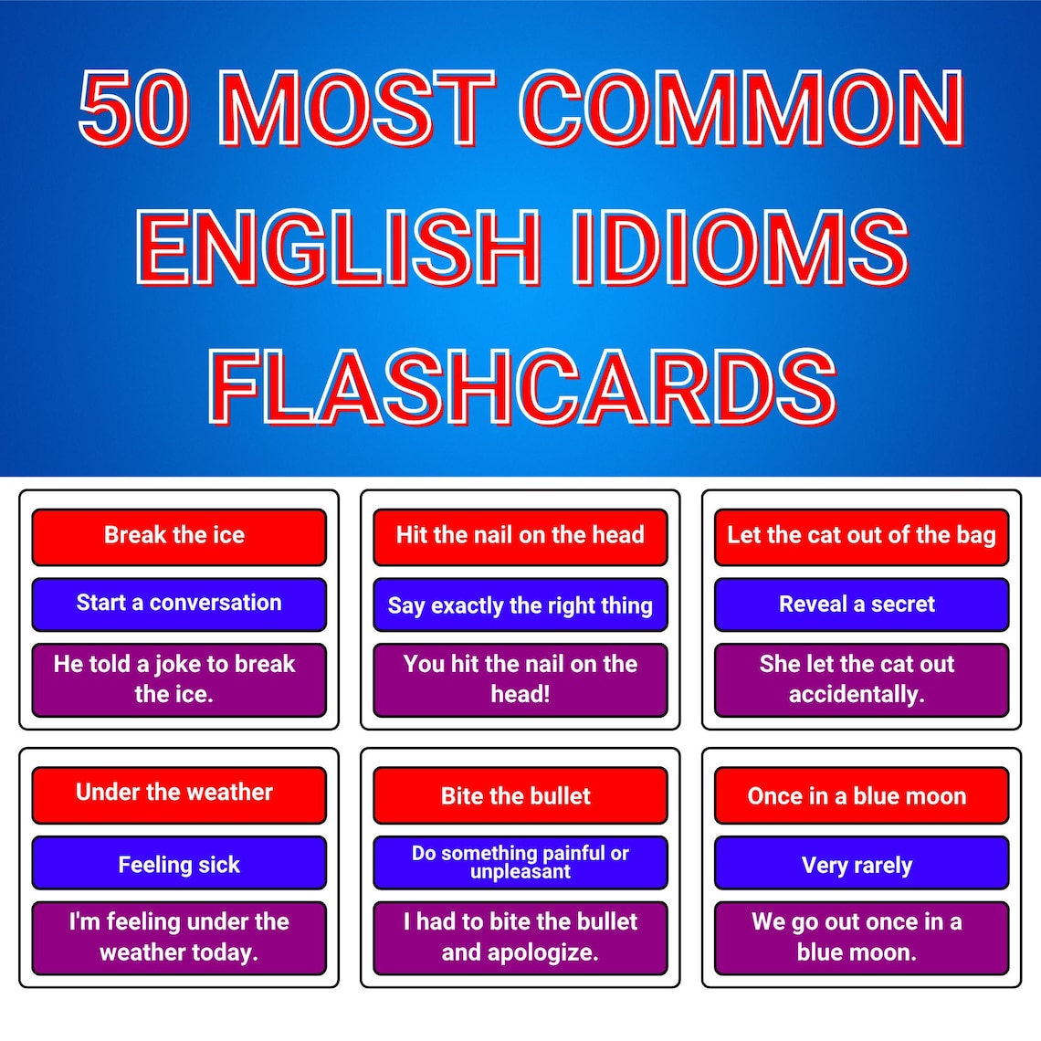 50 English Idioms Flashcards: ESL Vocabulary Learning (printable PDF ...