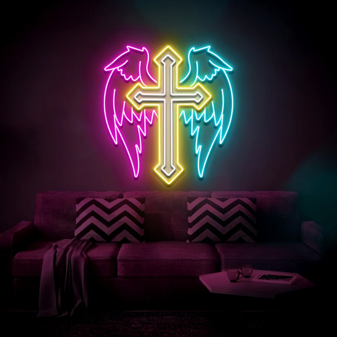 Cross With Wing Neon Sign Custom Size and Color Neon Lights - Etsy
