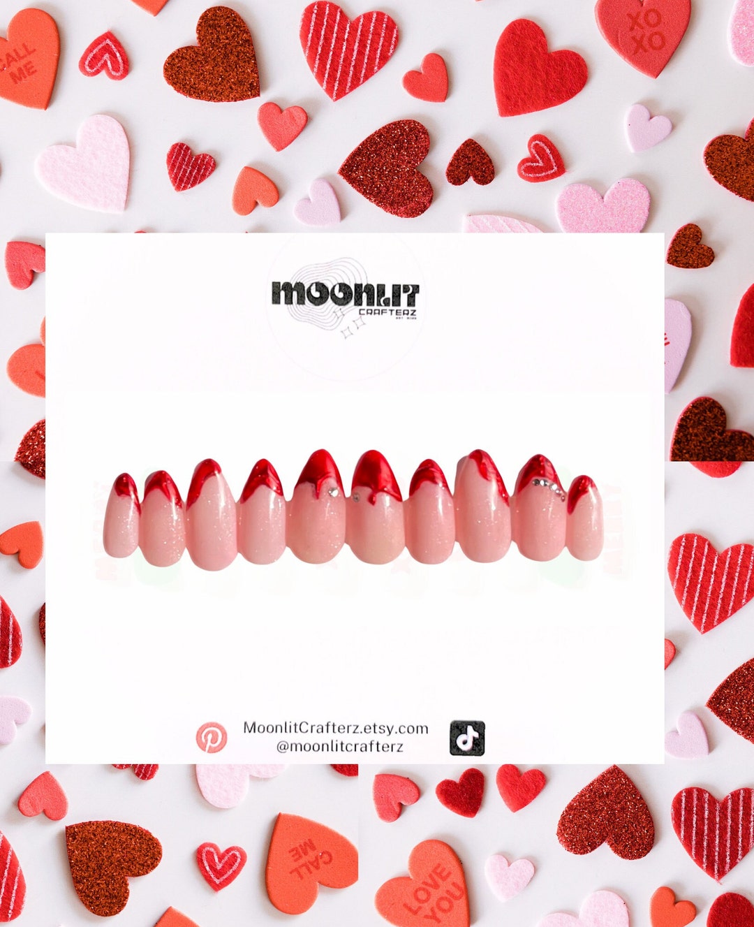 Red Chrome Valentines Day Press on Nails Red Heart Press on Nails Short Gel Press on Nails Red ...