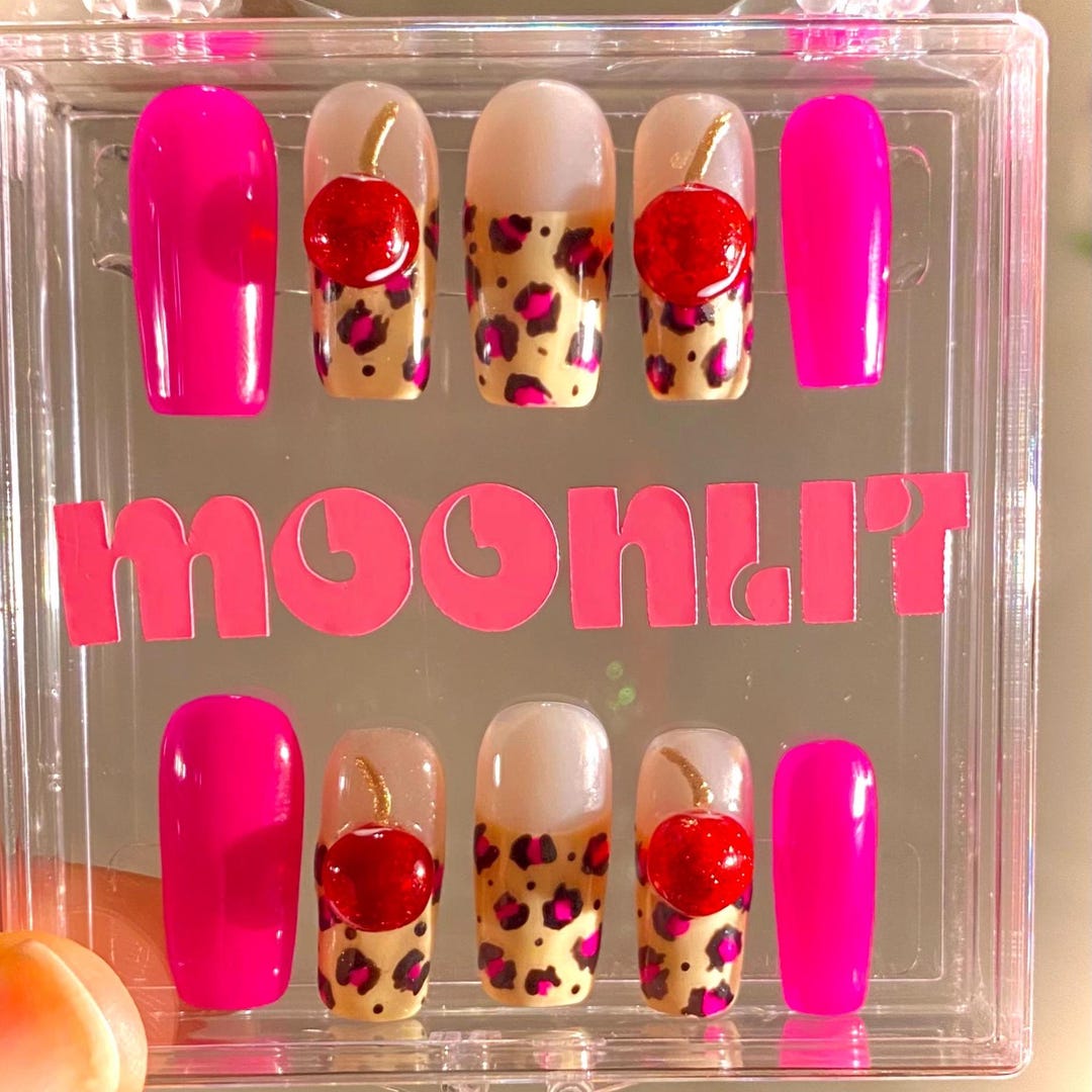 Hot Pink Cherry Cheetah Print Press on Nails: Handpainted Gel - Etsy