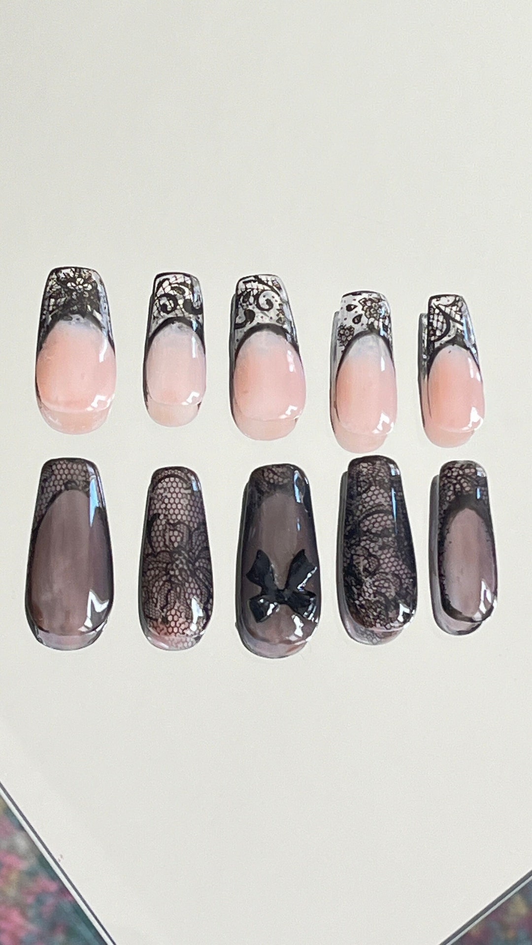 Clear Black Lace French Tip Press on Nails Glam Press Ons Xshort to ...