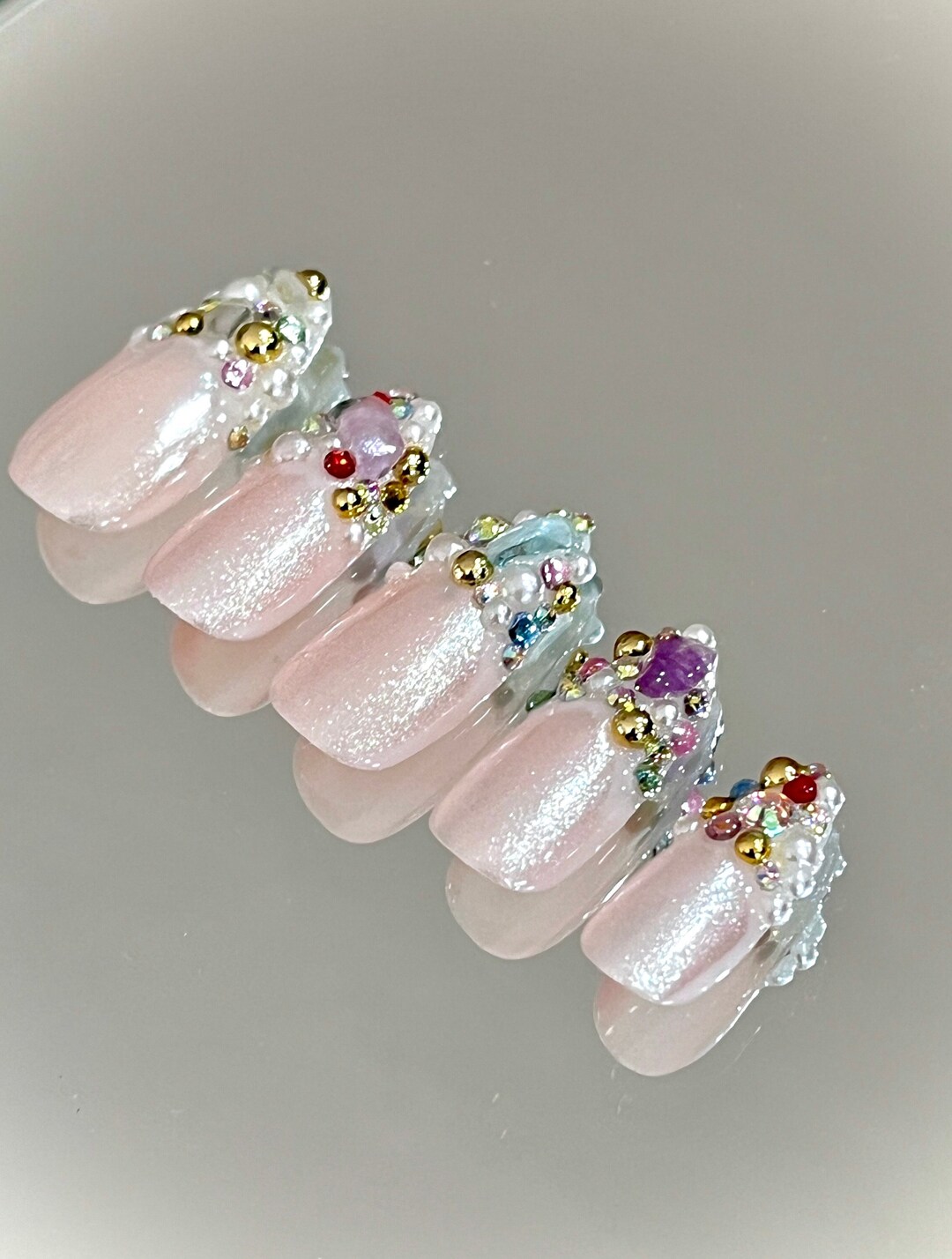 Free Style Rainbow Crystal Treasure Chest Junk Press on Nails, Fake ...