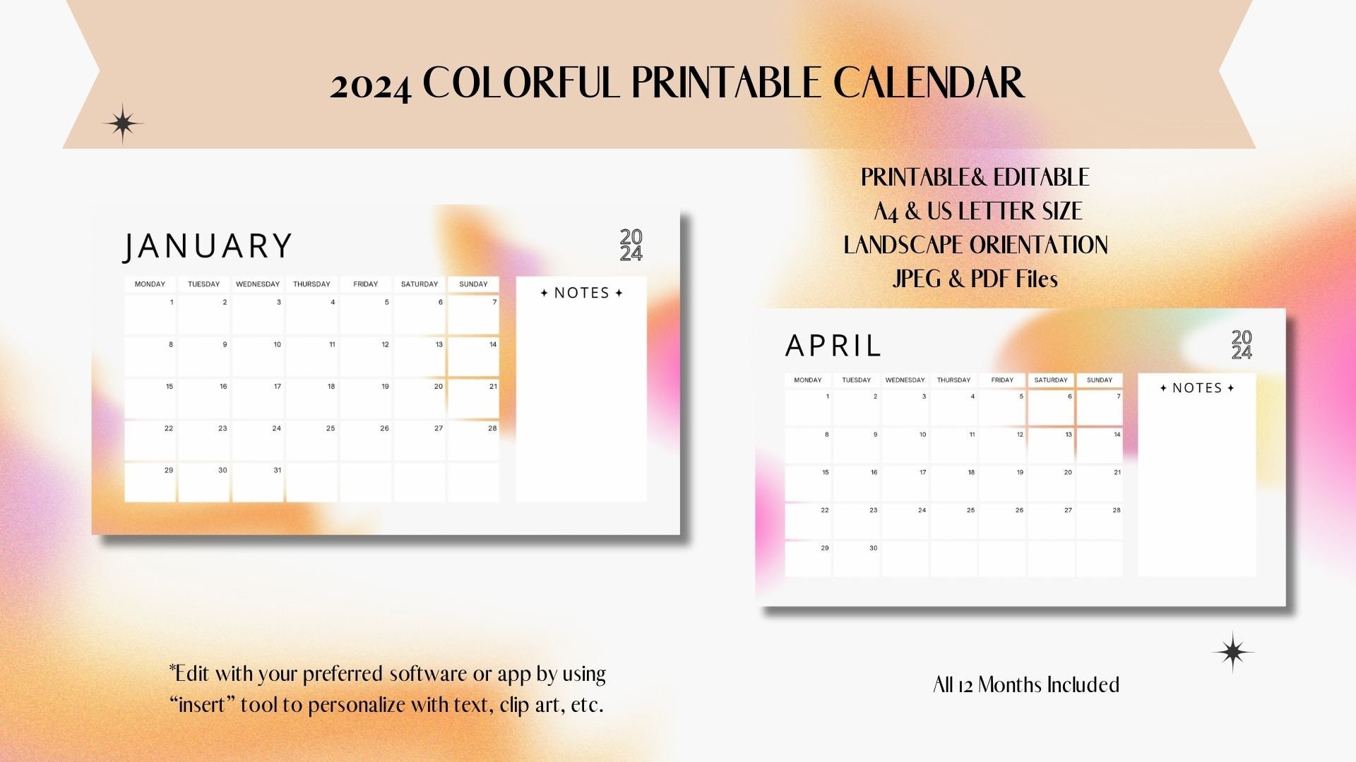 2024-2025 Colorful Printable Calendar, 2024 Printable Calendar, 2024 ...
