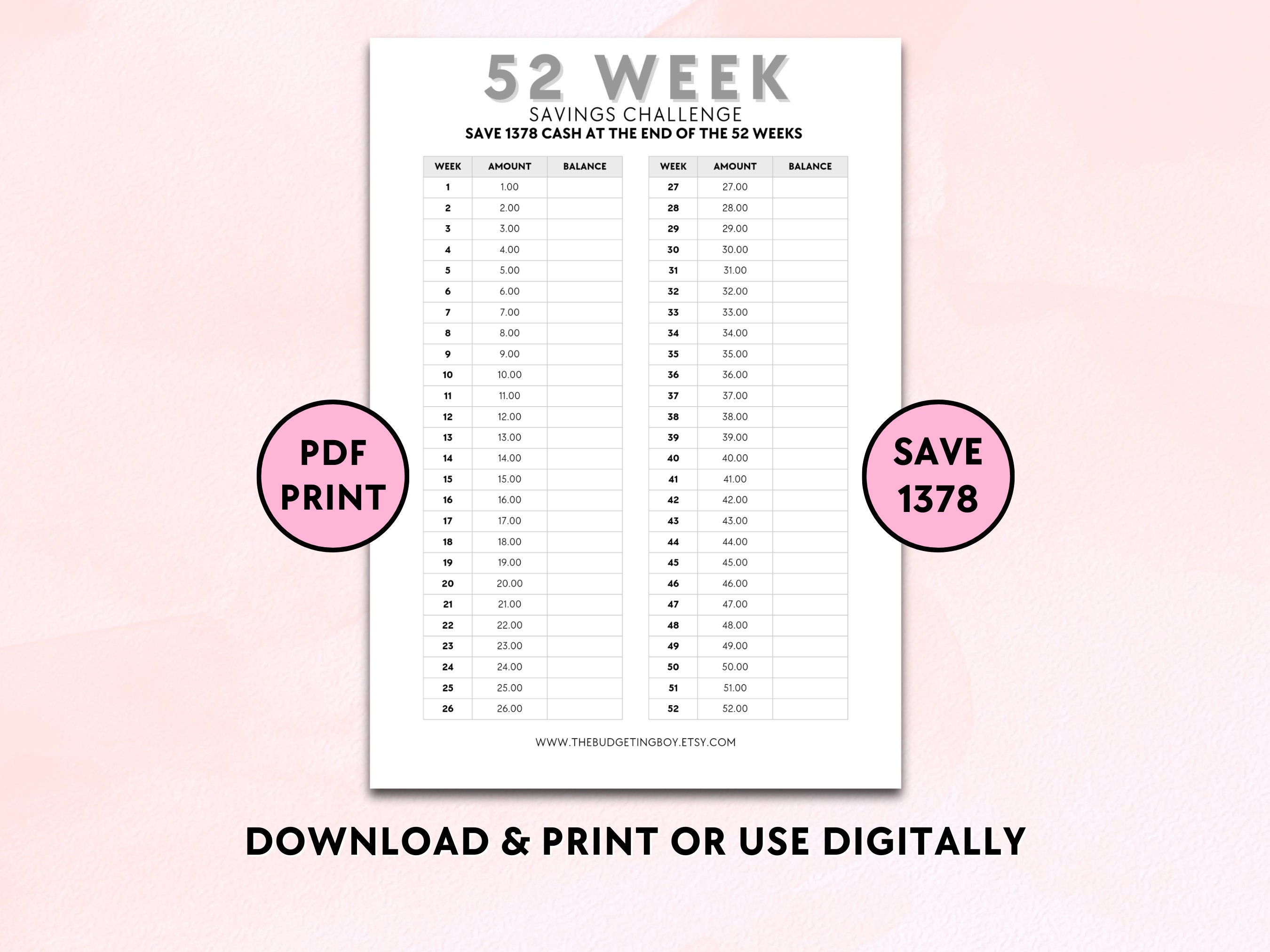 52 Week Challenge, 52 Weeks Savings Challenge, Weekly Savings Tracker ...