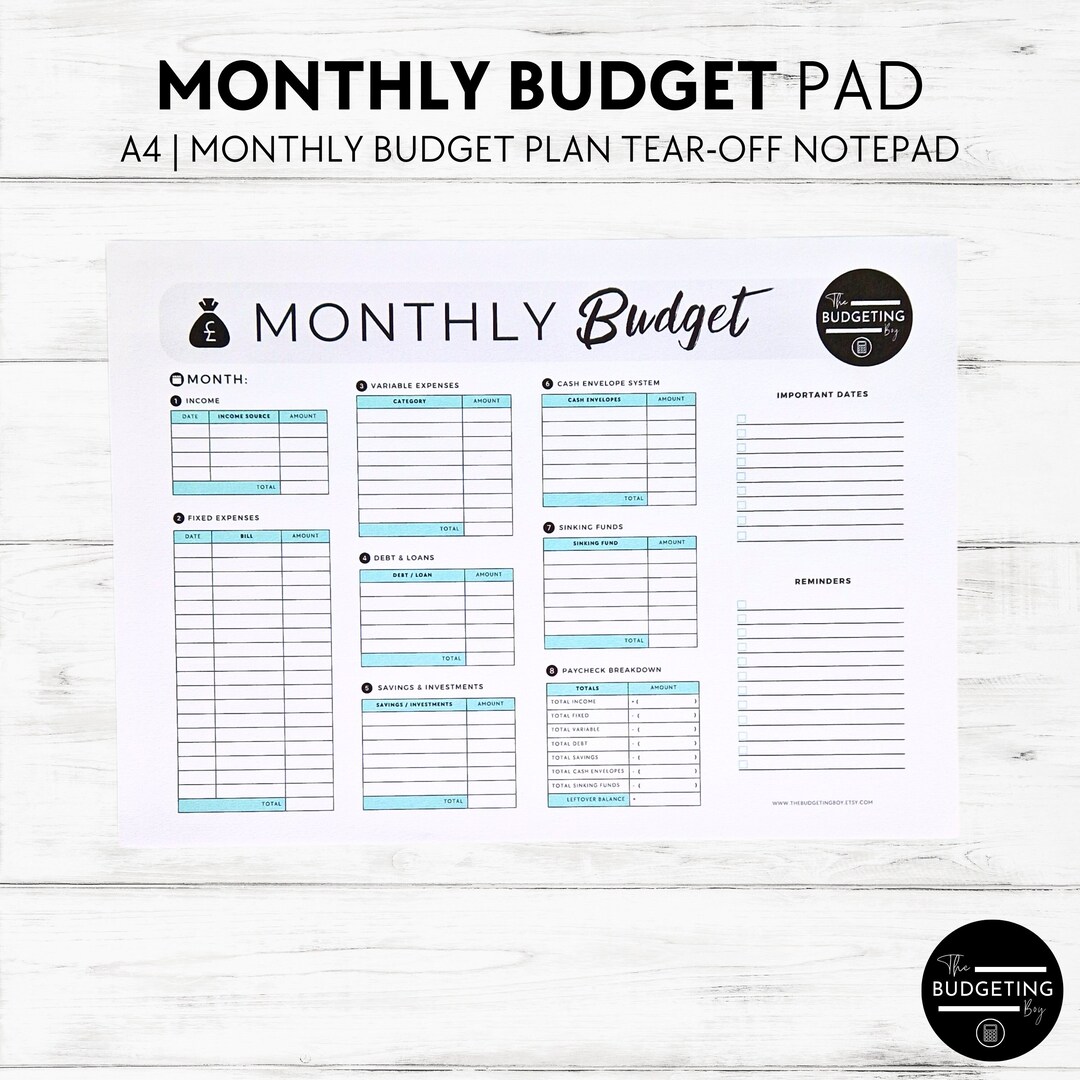 A4 Monthly Budget Notepad Budgeting Tear-off Pad Finance Planning ...