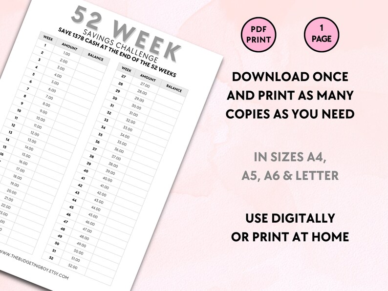52 Week Challenge, 52 Weeks Savings Challenge, Weekly Savings Tracker ...